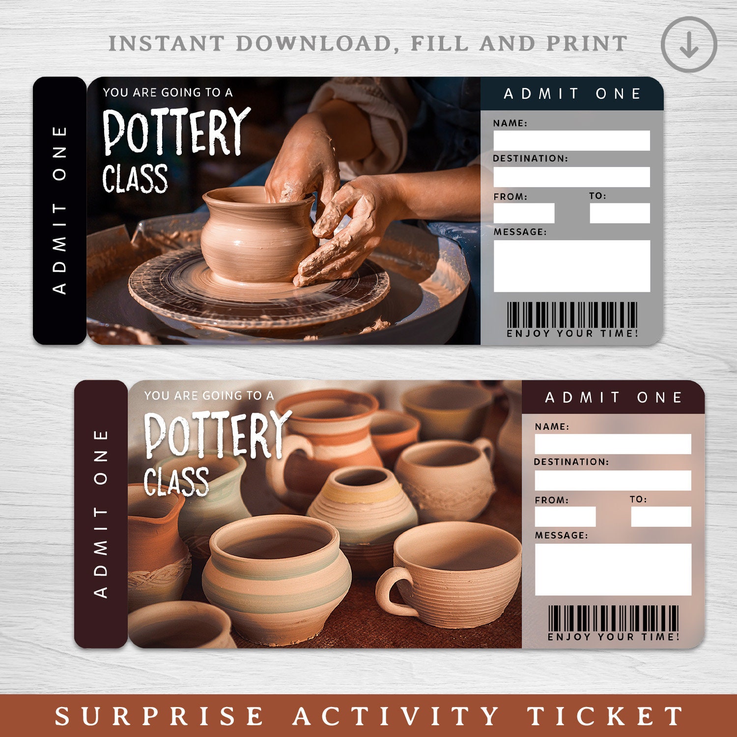 Digital Pottery Class Surprise Ticket, Ceramics Class Voucher Surprise ...