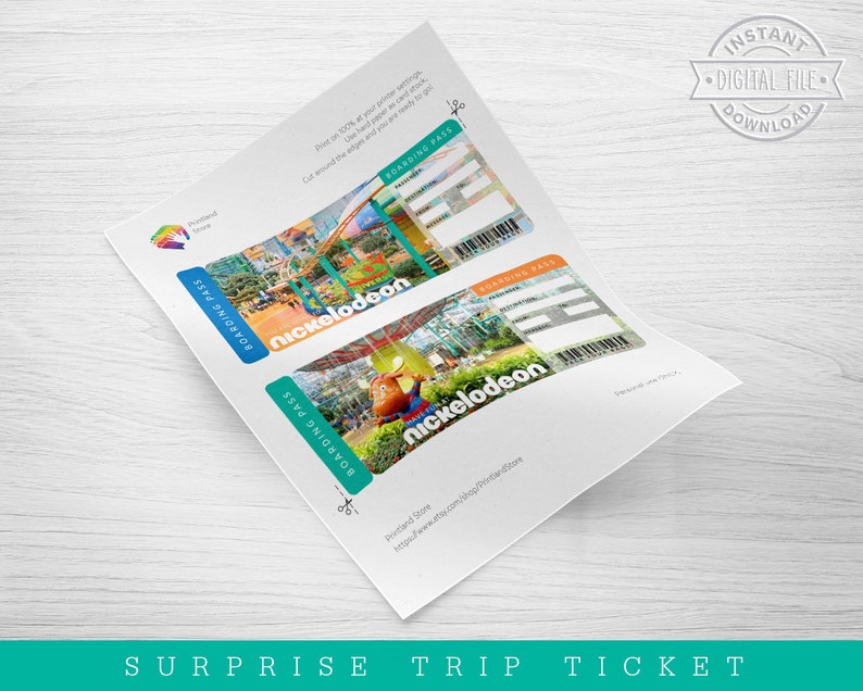 Printable Nickelodeon Surprise Trip Ticket, Nickelodeon Theme Park Gift ...