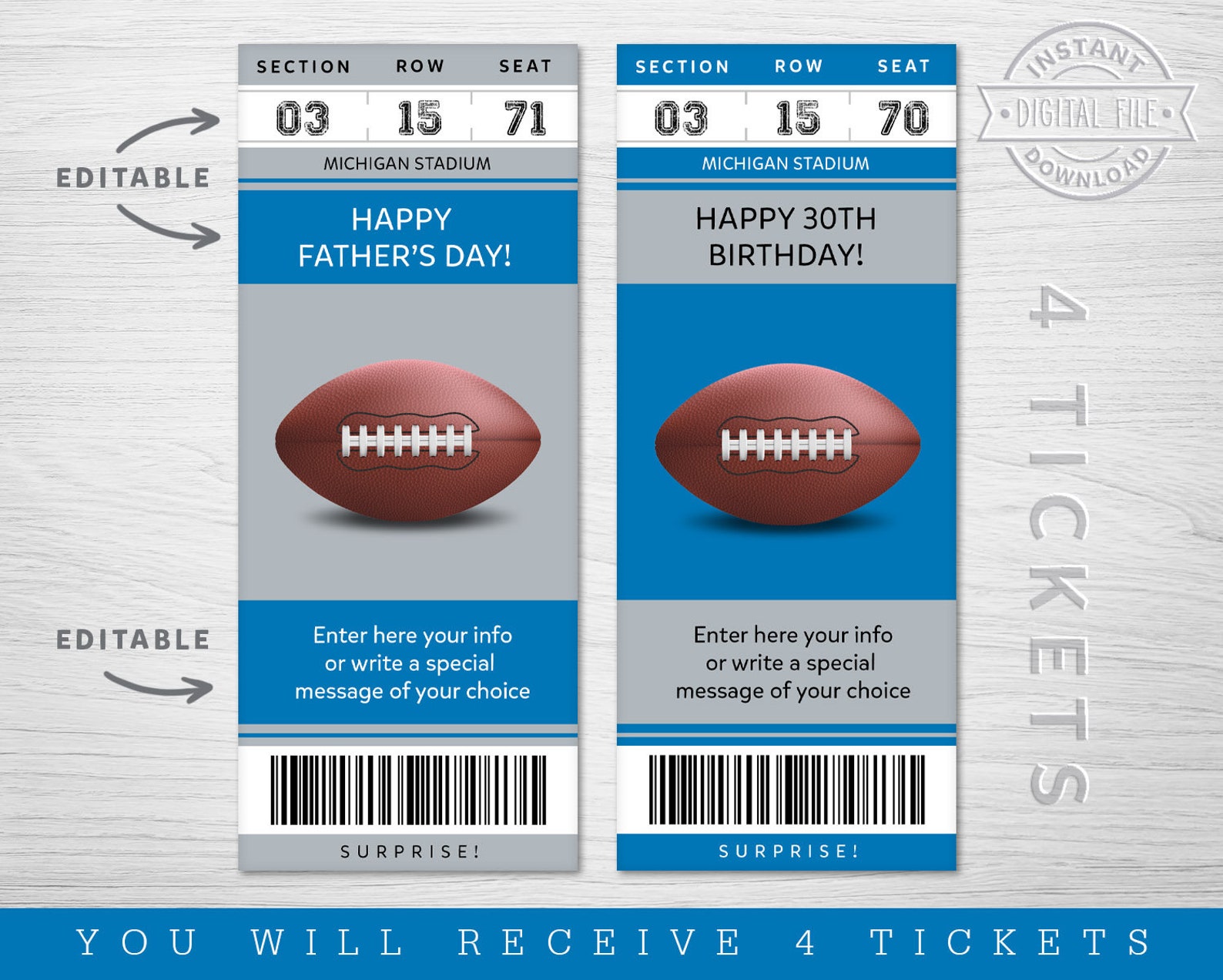 Printable Detroit Game Surprise Gift Ticket | Football Reveal Ticket - Etsy