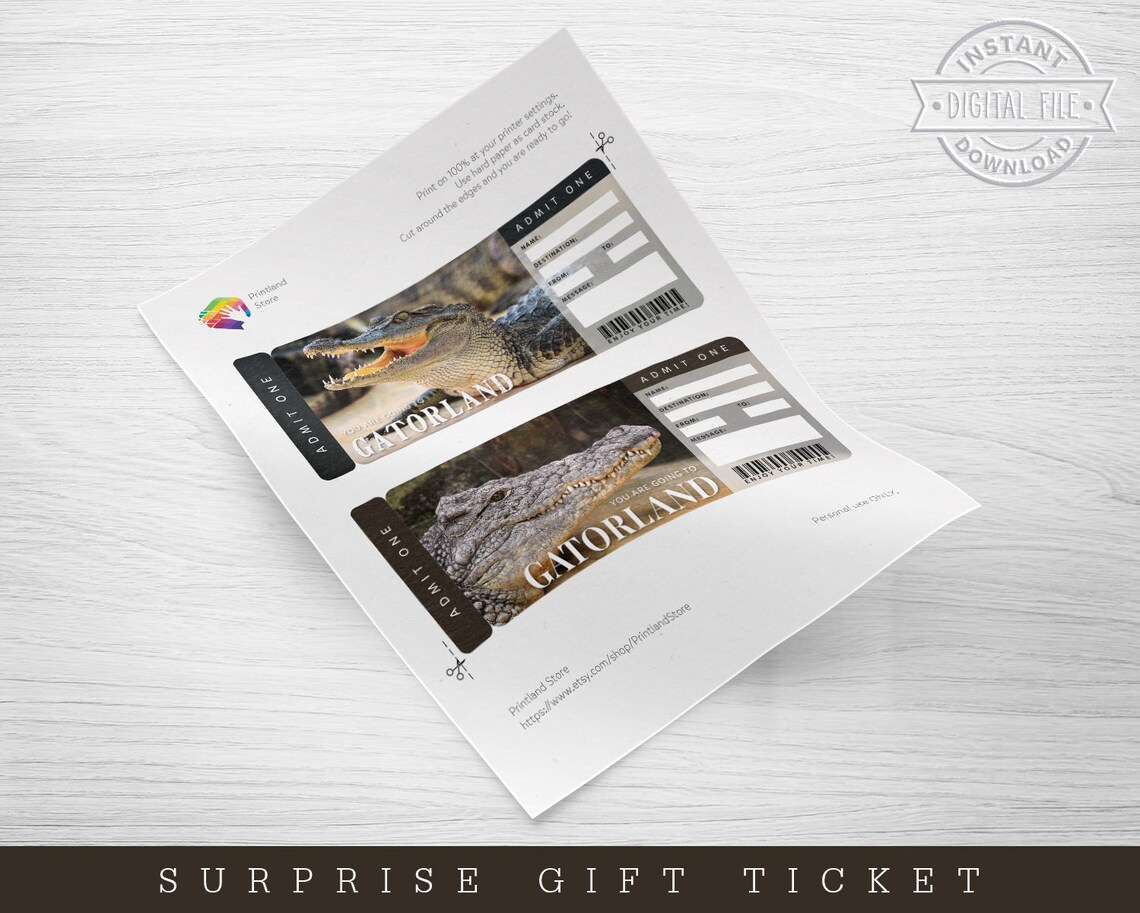 Printable Gatorland Surprise Ticket︱aligator Park Gift Ticket ...