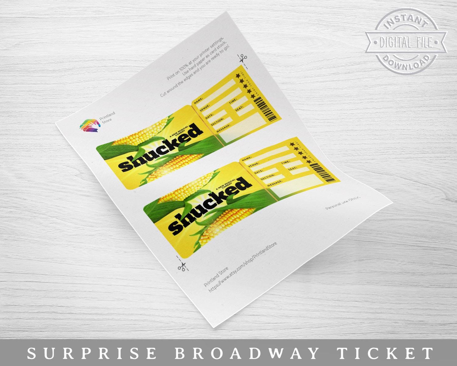 Printable Shucked Broadway Surprise Ticket︱musical Theatre Ticket︱event ...