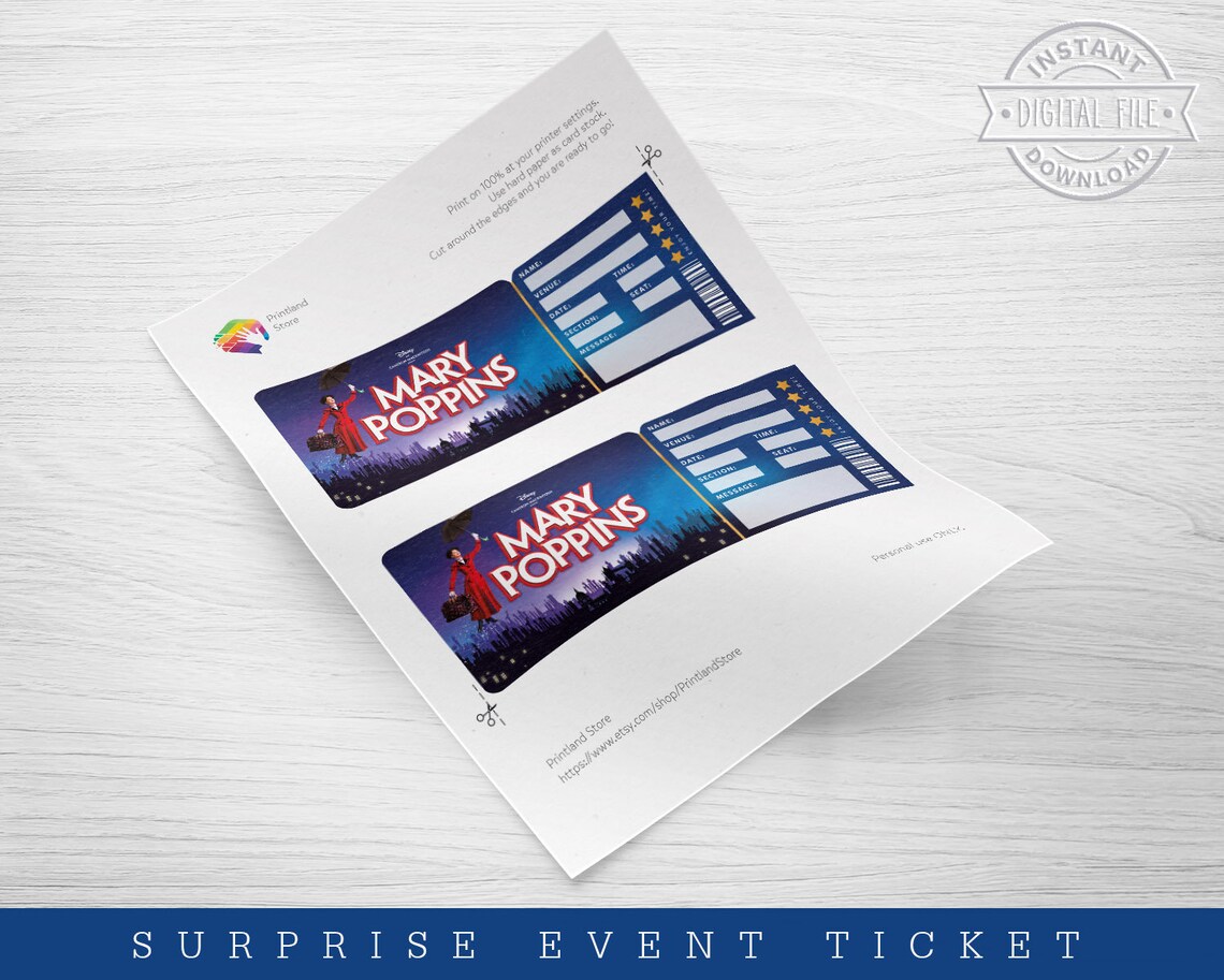 Printable Mary Poppins Broadway Surprise Ticket, Musical Collectible Theater Ticket Editable ...