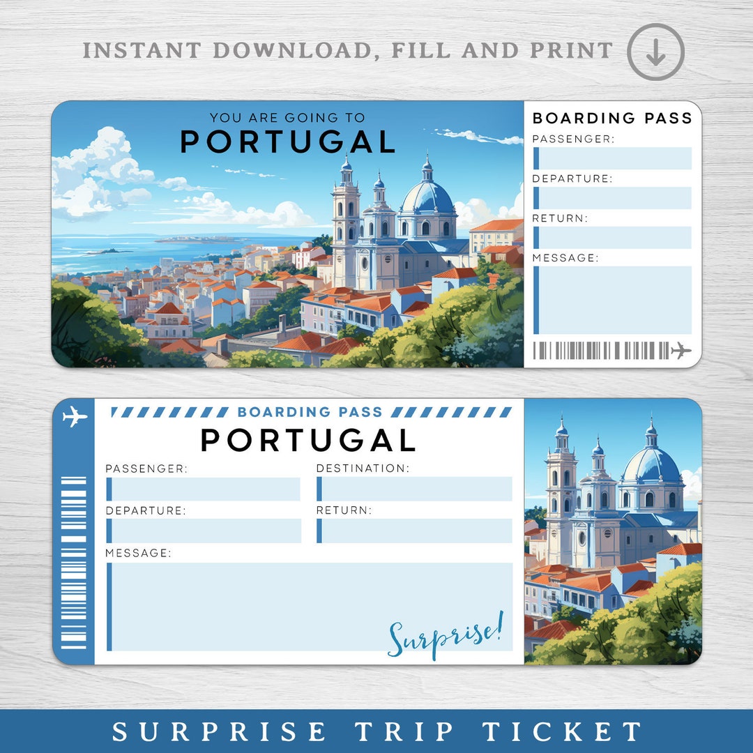 Digital PORTUGAL Surprise Trip Ticket, Portugal Printable Boarding Pass ...
