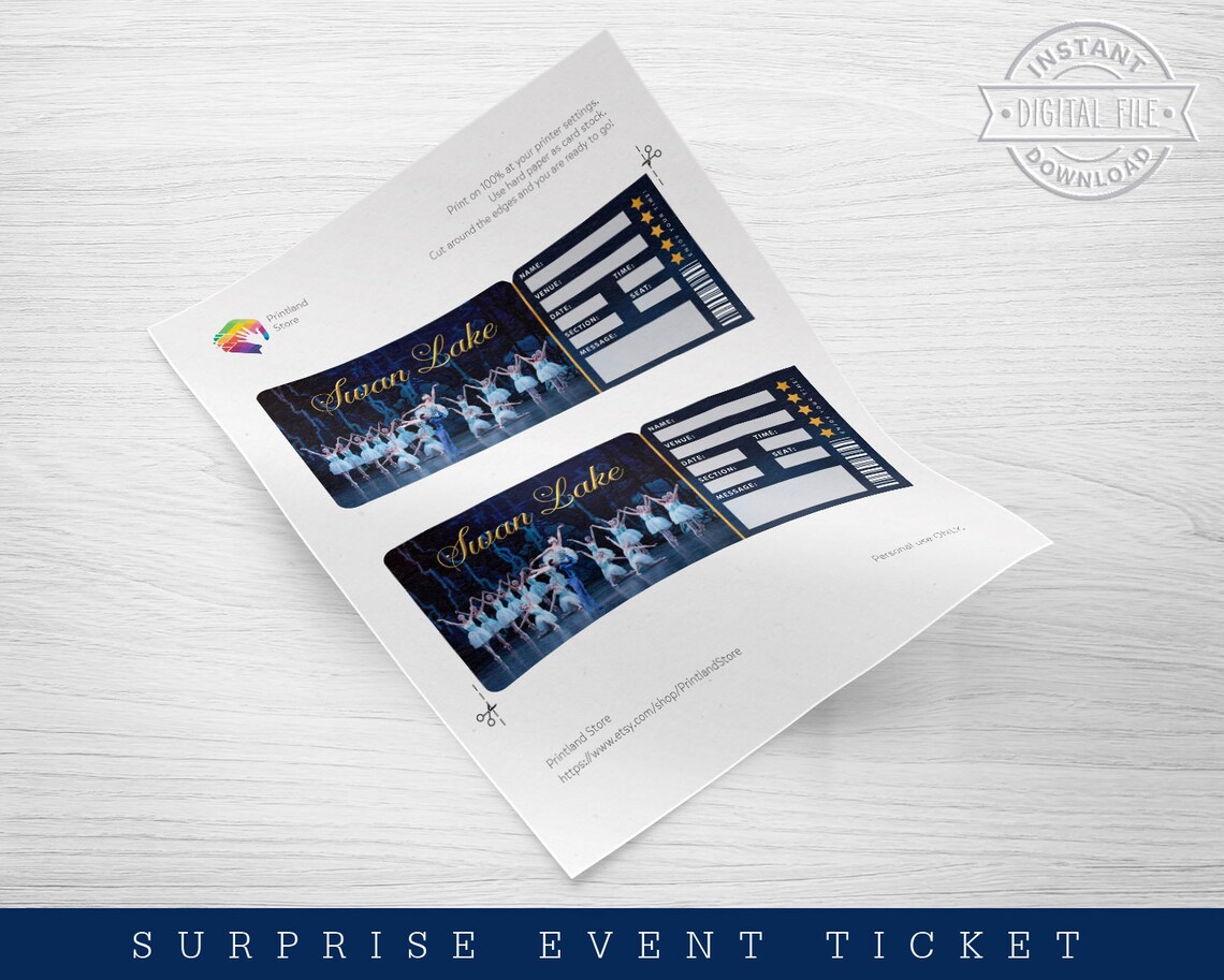 Printable Swan Lake Ballet, Broadway Surprise Ticket, Swan Lake Ballet Collectible Theater ...