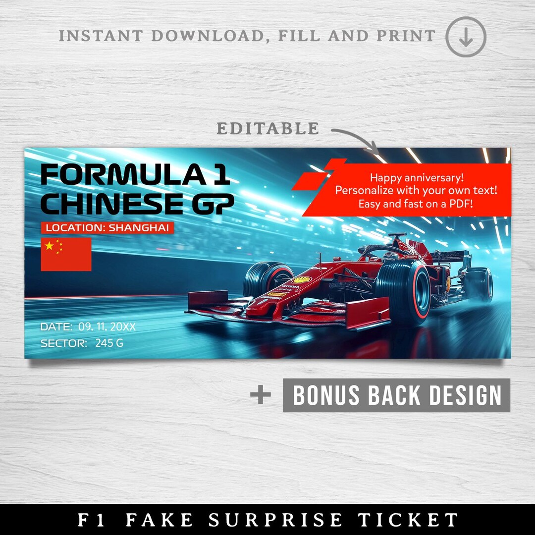 Printable Formula 1 Ticket, Chinese GP Faux Ticket, Editable F1 ...