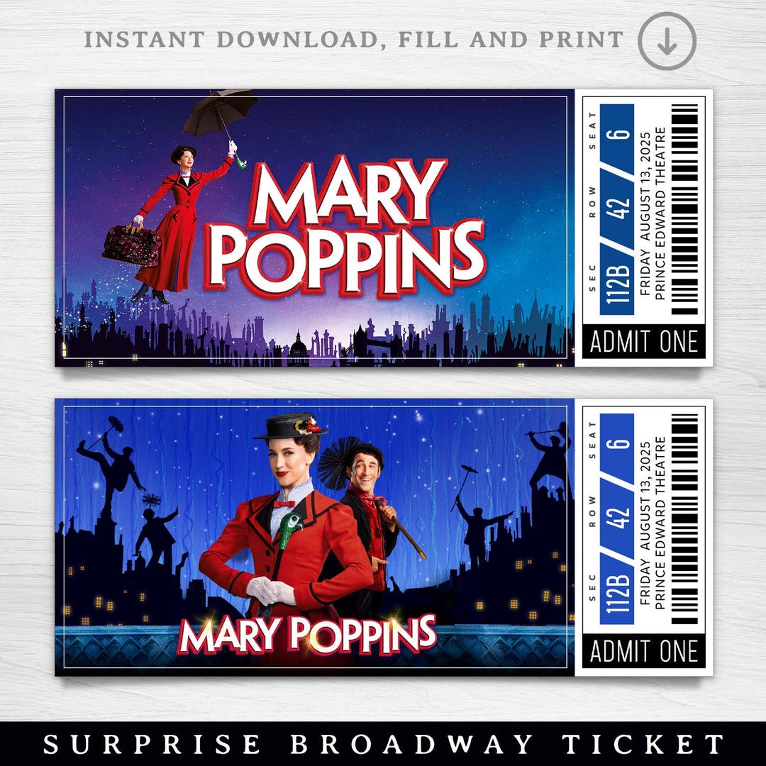 Digital Mary Poppins Broadway Surprise Ticket, Musical Collectible Theater Ticket. Editable ...