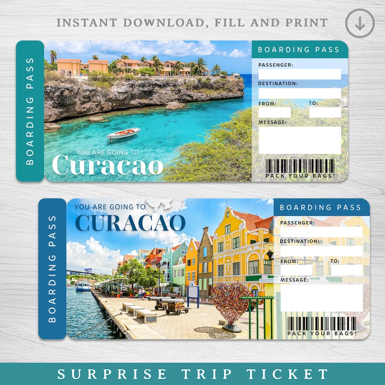 Digital CURACAO Trip Surprise Gift Ticket︱printable Curacao Boarding ...