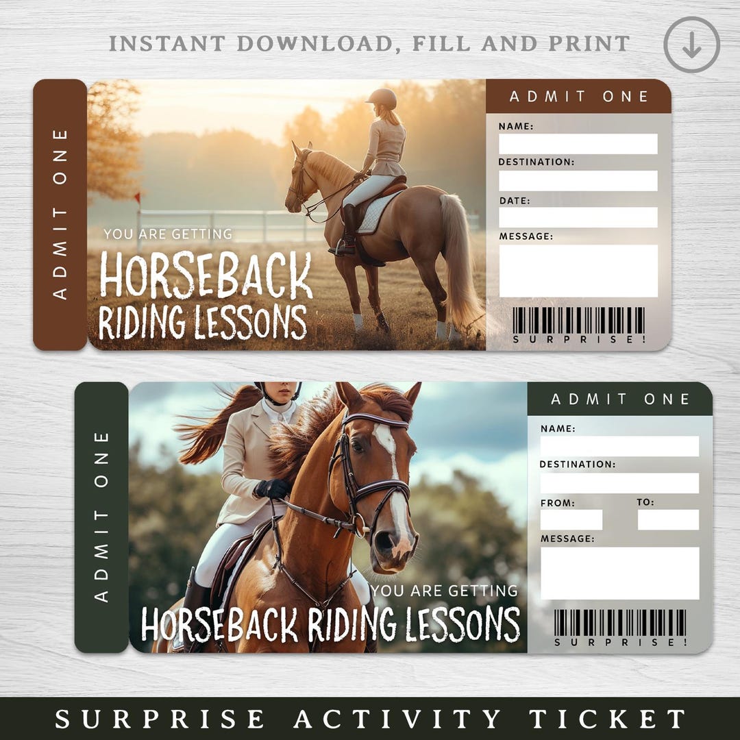 Digital HORSEBACK RIDING LESSONS Surprise Reveal Ticket, Gift Voucher ...