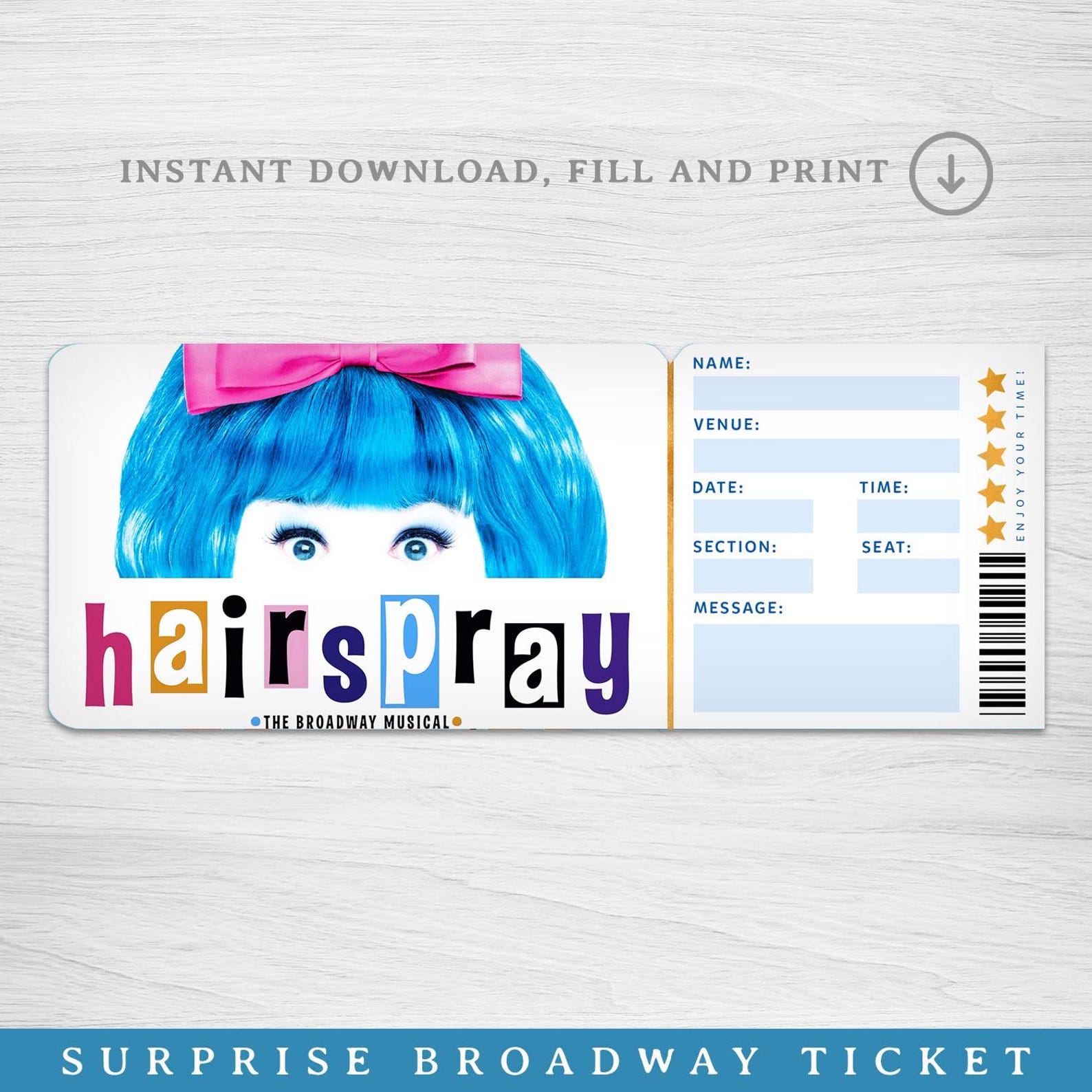 Printable Hairspray Broadway Surprise Ticket︱musical Theatre Ticket ...