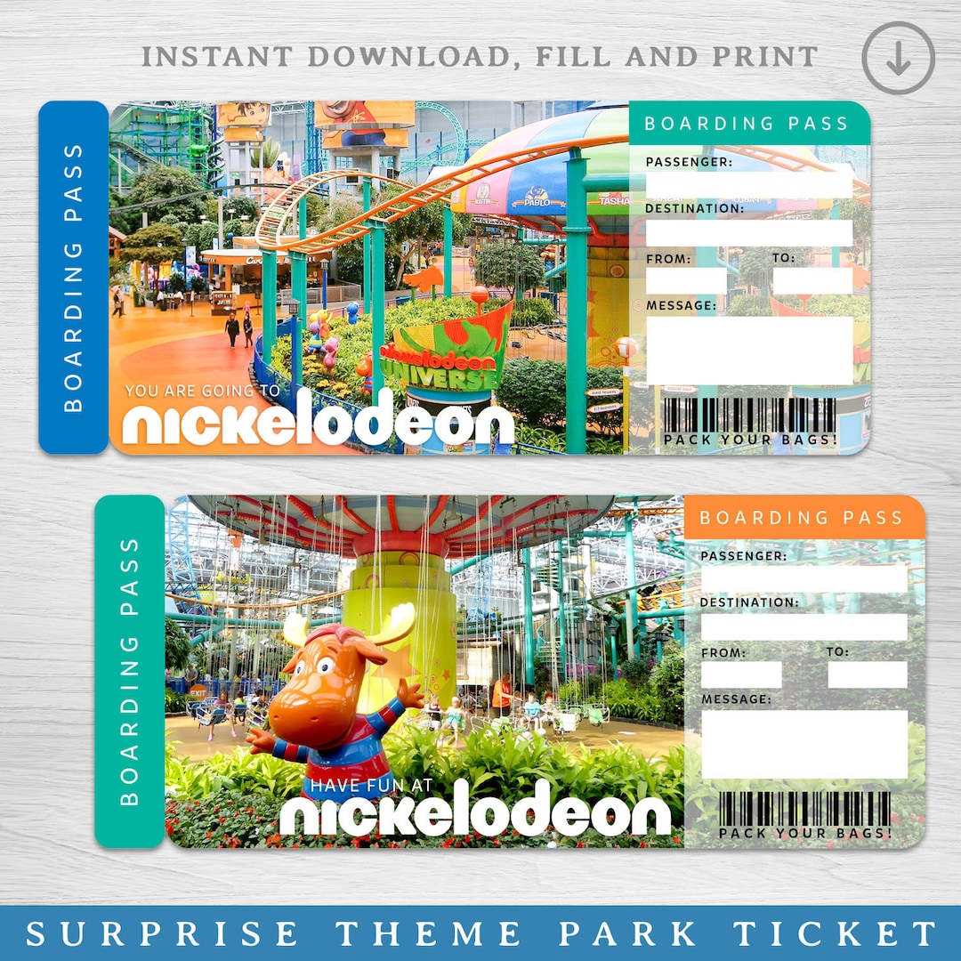 Printable Nickelodeon Surprise Trip Ticket, Nickelodeon Theme Park Gift ...