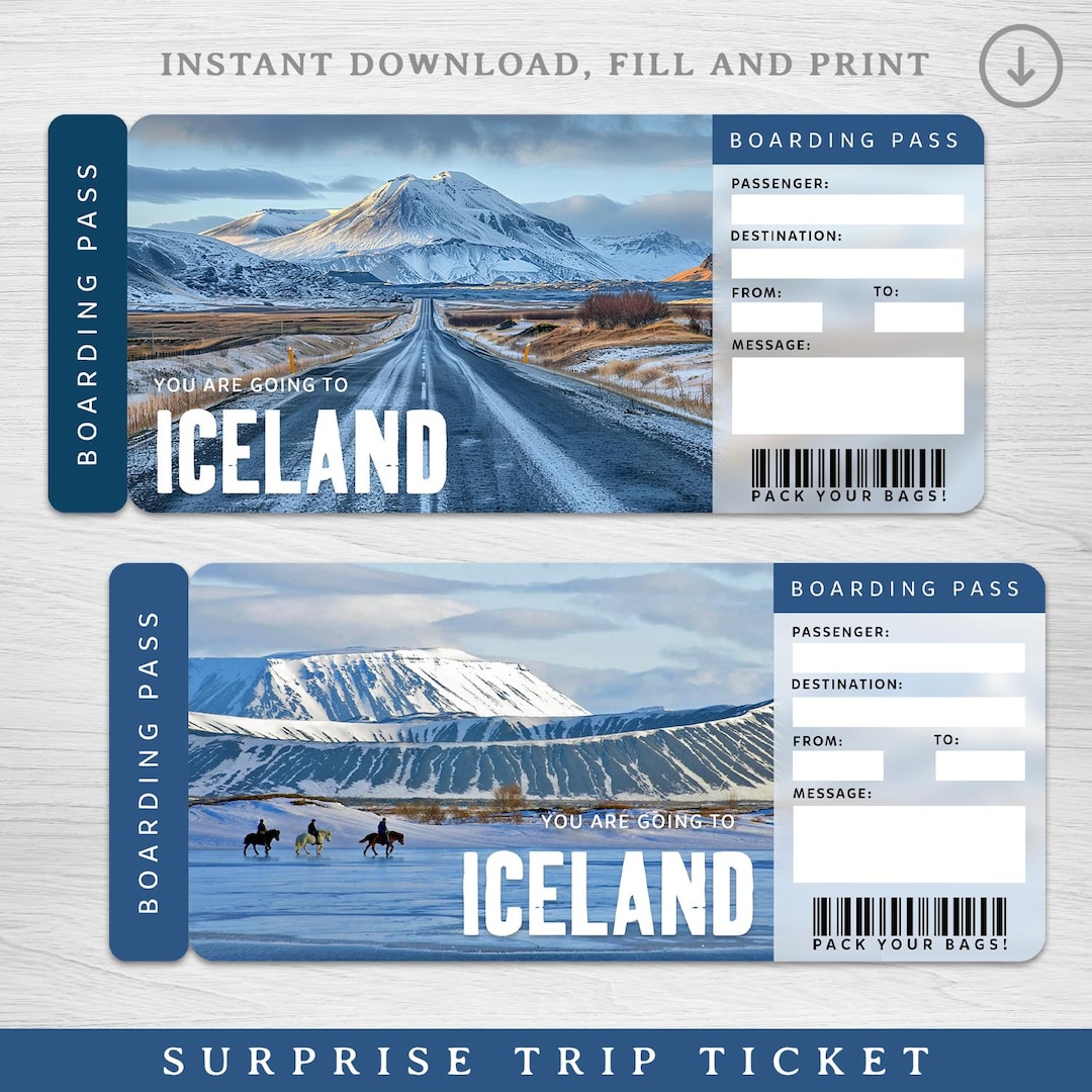 Digital ICELAND Trip Surprise Gift Ticket︱printable Boarding Pass ...