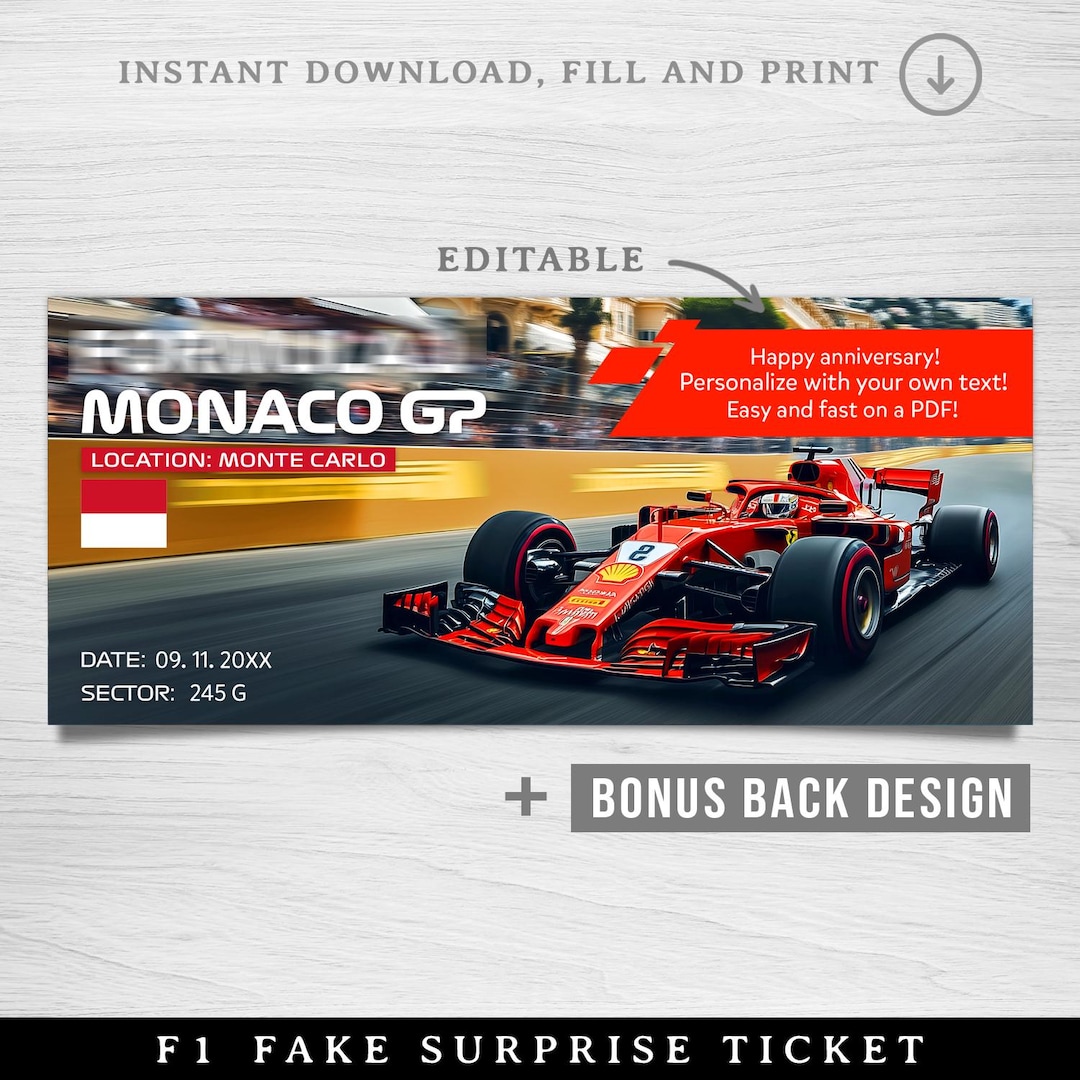 Printable Formula Ticket, Monaco GP Faux Ticket, Editable Monaco Race Ticket, Race Keepsake ...