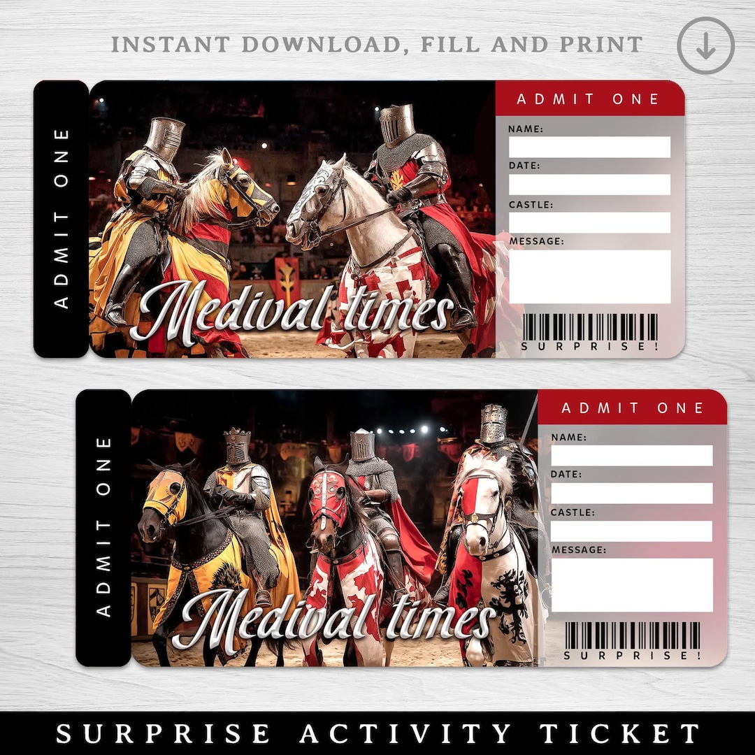 Printable Medieval Times Surprise Ticket, Knights and Castles Gift ...