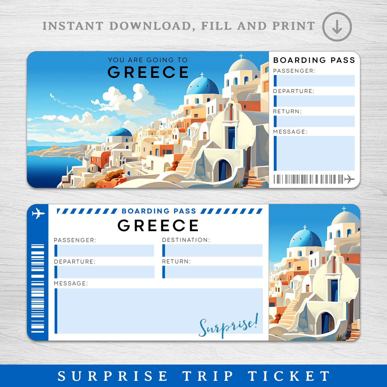 Digital GREECE Surprise Trip Gift Ticket, Santorini Printable Boarding ...