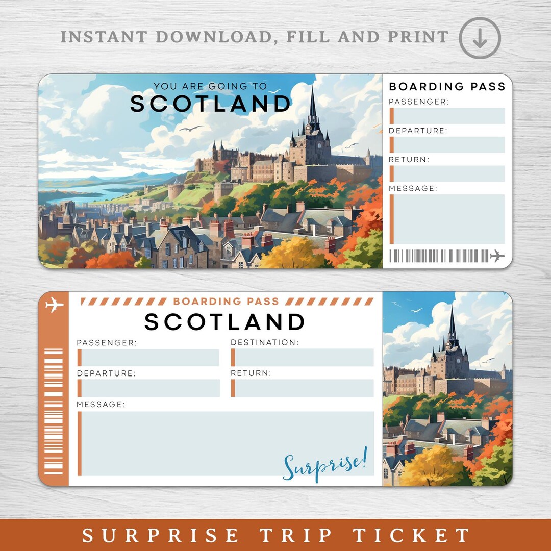 Digital SCOTLAND Surprise Trip Ticket, Scotland Printable Boarding Pass ...