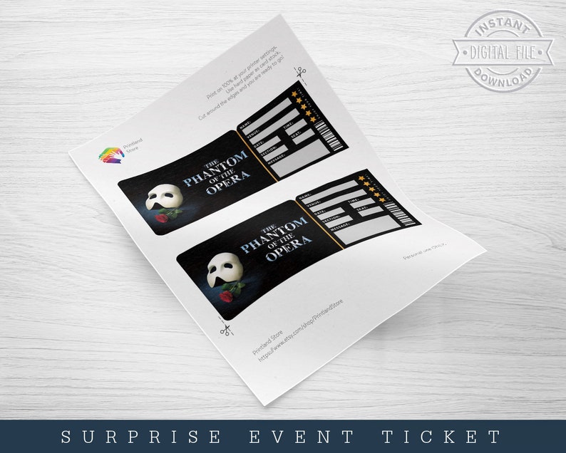 Printable Phantom of the Opera Broadway Surprise Ticket, Musical Collectible Theater Ticket ...