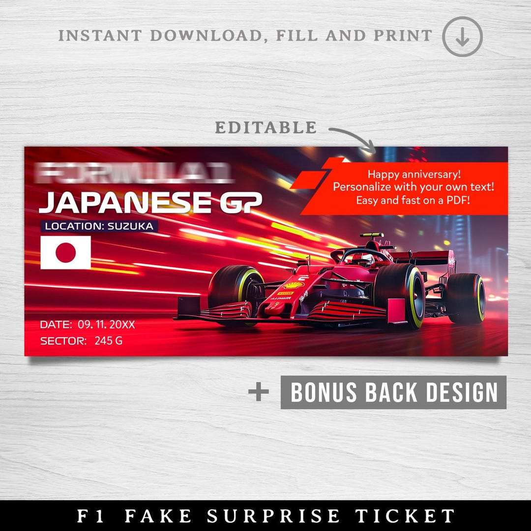 Printable Formula Ticket, Japanese GP Faux Ticket, Editable Suzuka Race ...