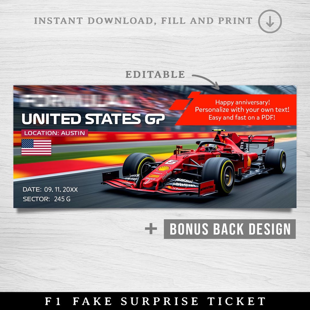 Printable Formula Ticket, United States GP Faux Ticket, Editable US ...