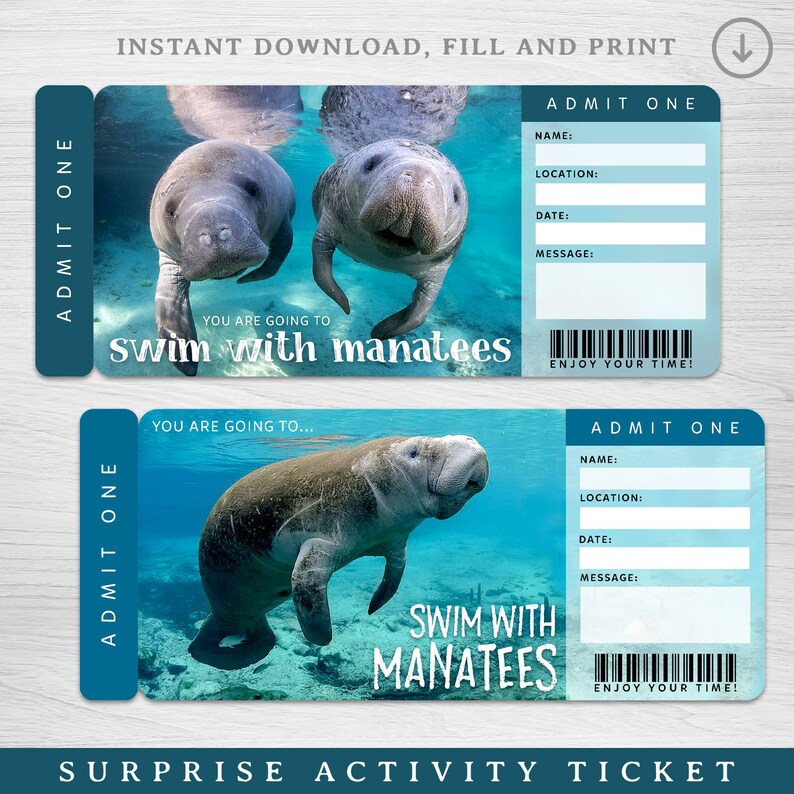 Printable Swim With MANATEES Surprise Ticket︱manatees Encounter Gift ...