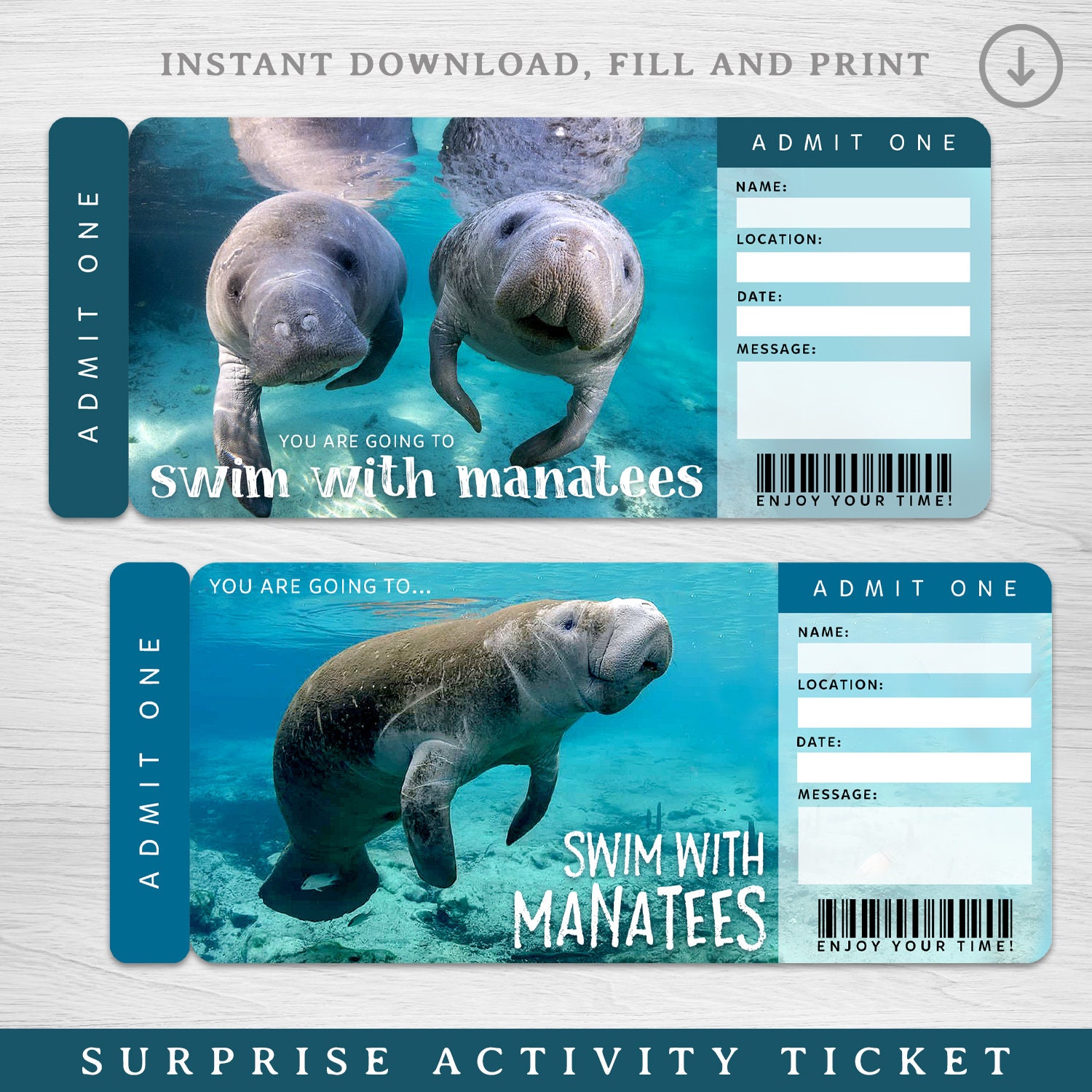 Printable Swim With MANATEES Surprise Ticket︱manatees Encounter Gift ...