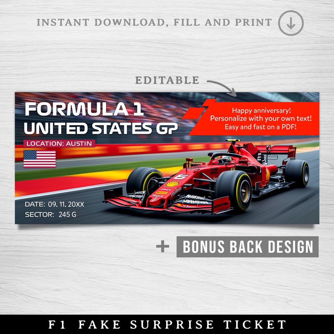 Printable Formula 1 Ticket, United States GP Faux Ticket, Editable F1 ...