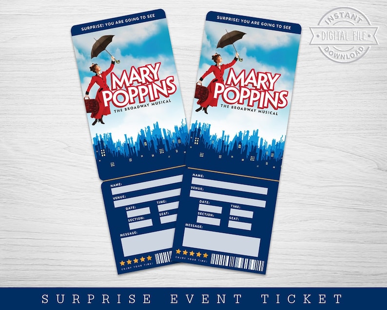 Printable Mary Poppins Broadway Surprise Ticket, Musical Collectible Theater Ticket Editable ...