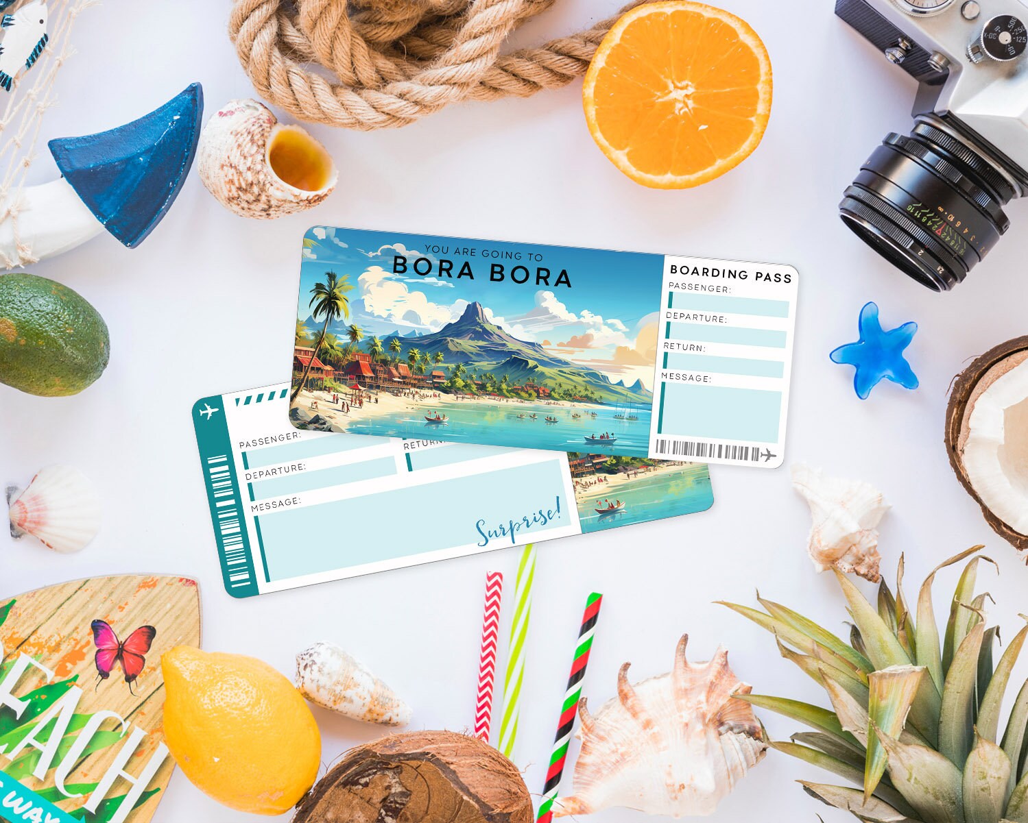 Digital BORA BORA Surprise Trip Gift Ticket, Vacation Printable Boarding Pass, Printable ...