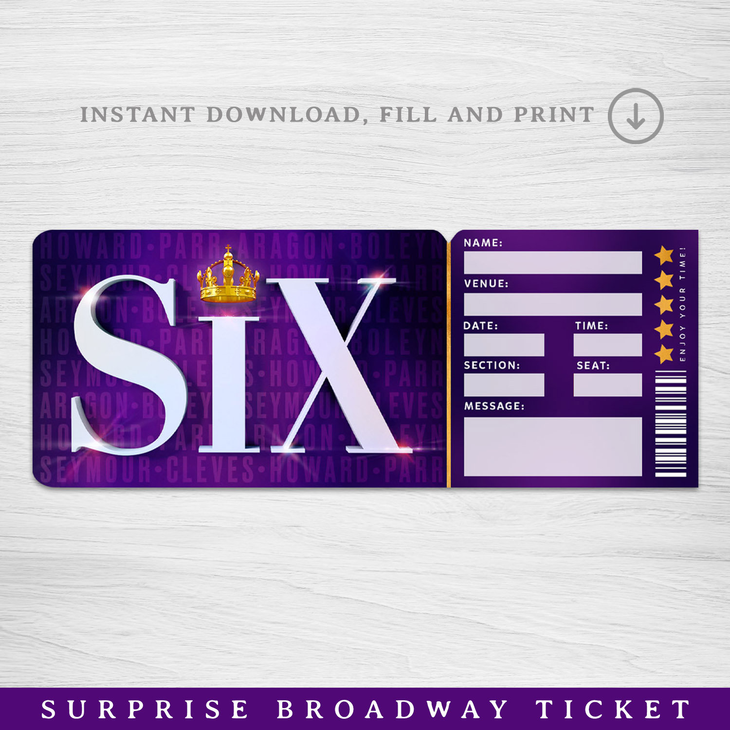 Printable Six Broadway Surprise Ticket︱musical Theatre Ticket︱event ...