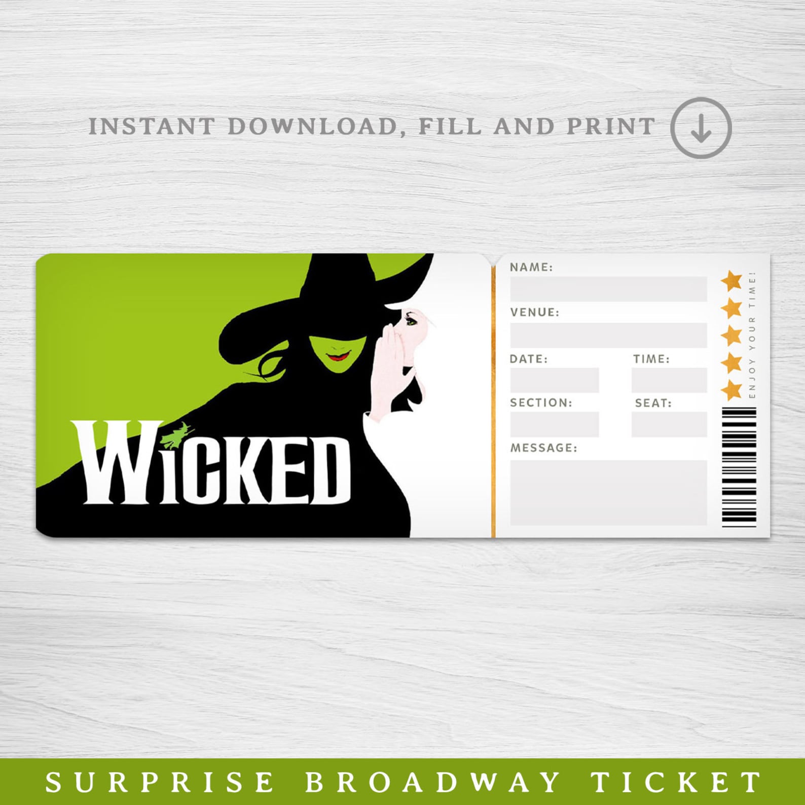 Printable Wicked Broadway Surprise Ticket, Wicked Musical Collectible ...