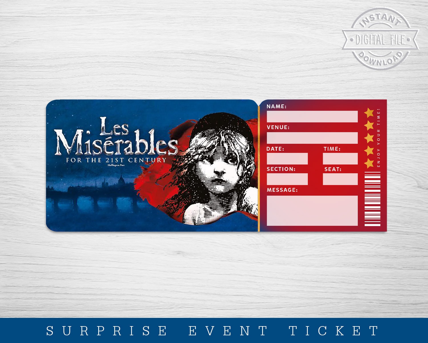 Printable Les Miserables Broadway Surprise Ticket, Musical Collectible ...