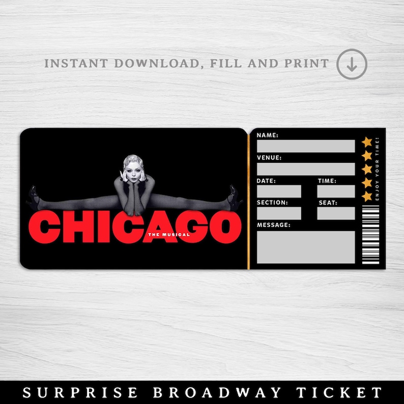 Printable Chicago Broadway Surprise Ticket︱musical Theatre Ticket︱event ...