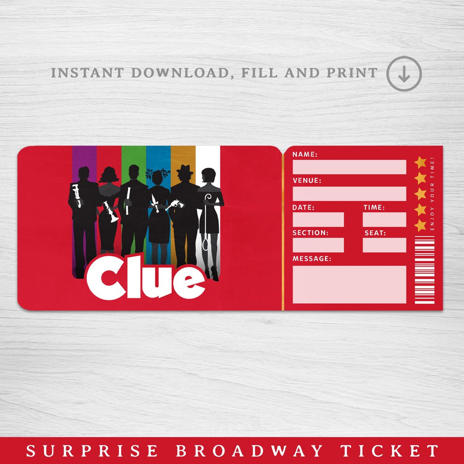 Printable Clue Broadway Surprise Ticket︱musical Theatre Ticket︱event ...