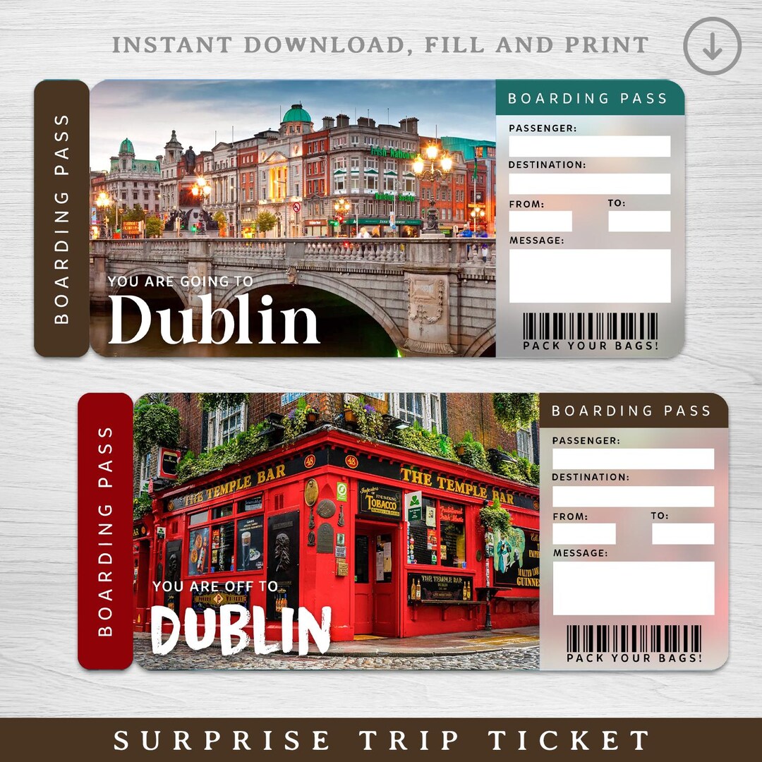 Digital DUBLIN Surprise Trip Ticket, IRELAND Printable Boarding Pass ...