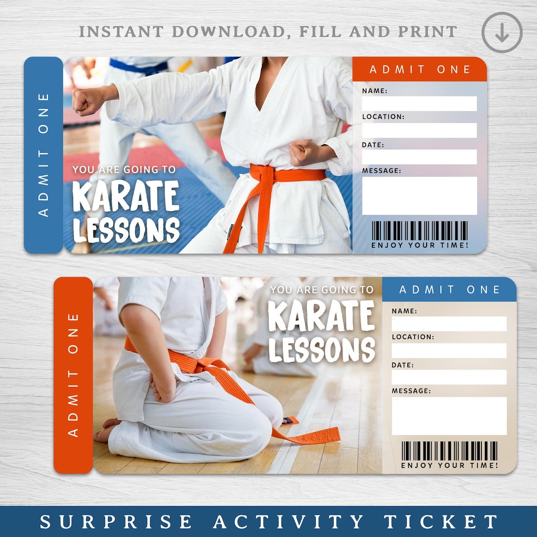 Printable KARATE CLASS Surprise Reveal Ticket, Karate Lessons Gift ...