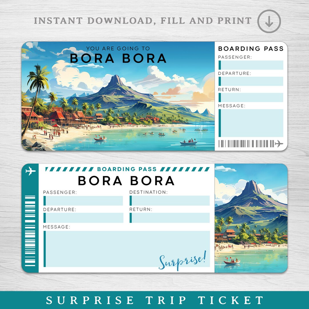 Digital BORA BORA Surprise Trip Gift Ticket, Vacation Printable ...