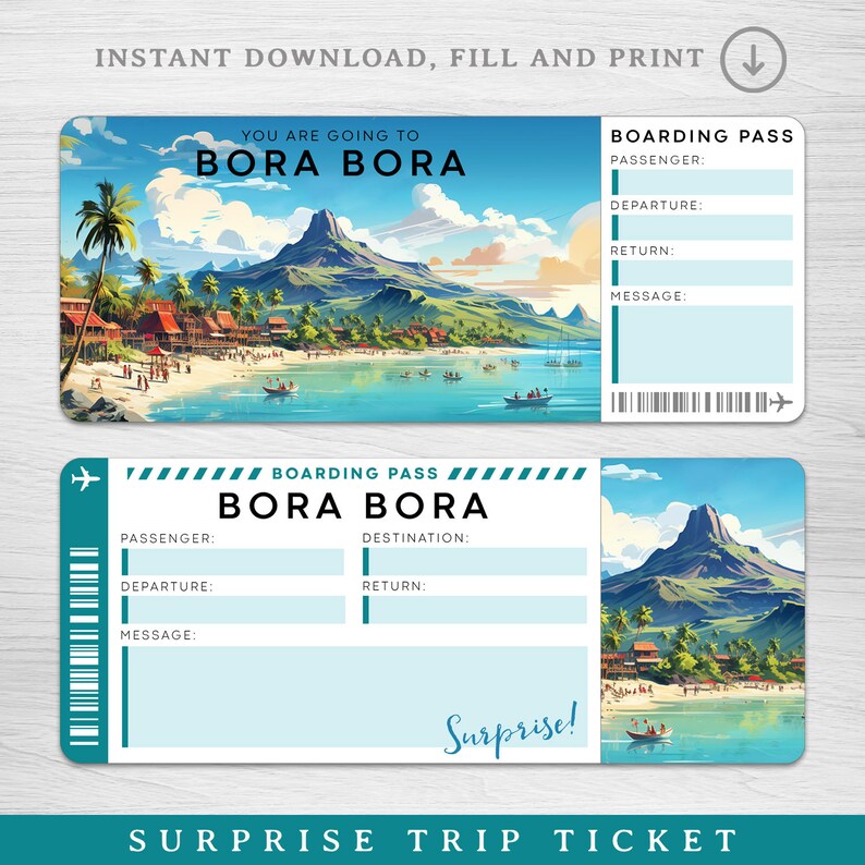 Digital BORA BORA Surprise Trip Gift Ticket, Vacation Printable ...