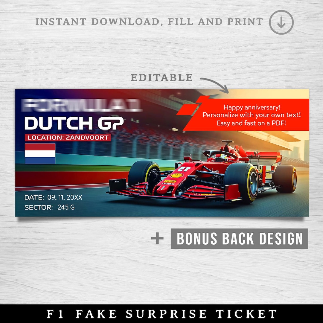 Printable Formula Ticket, Dutch GP Faux Ticket, Editable Holland Race ...