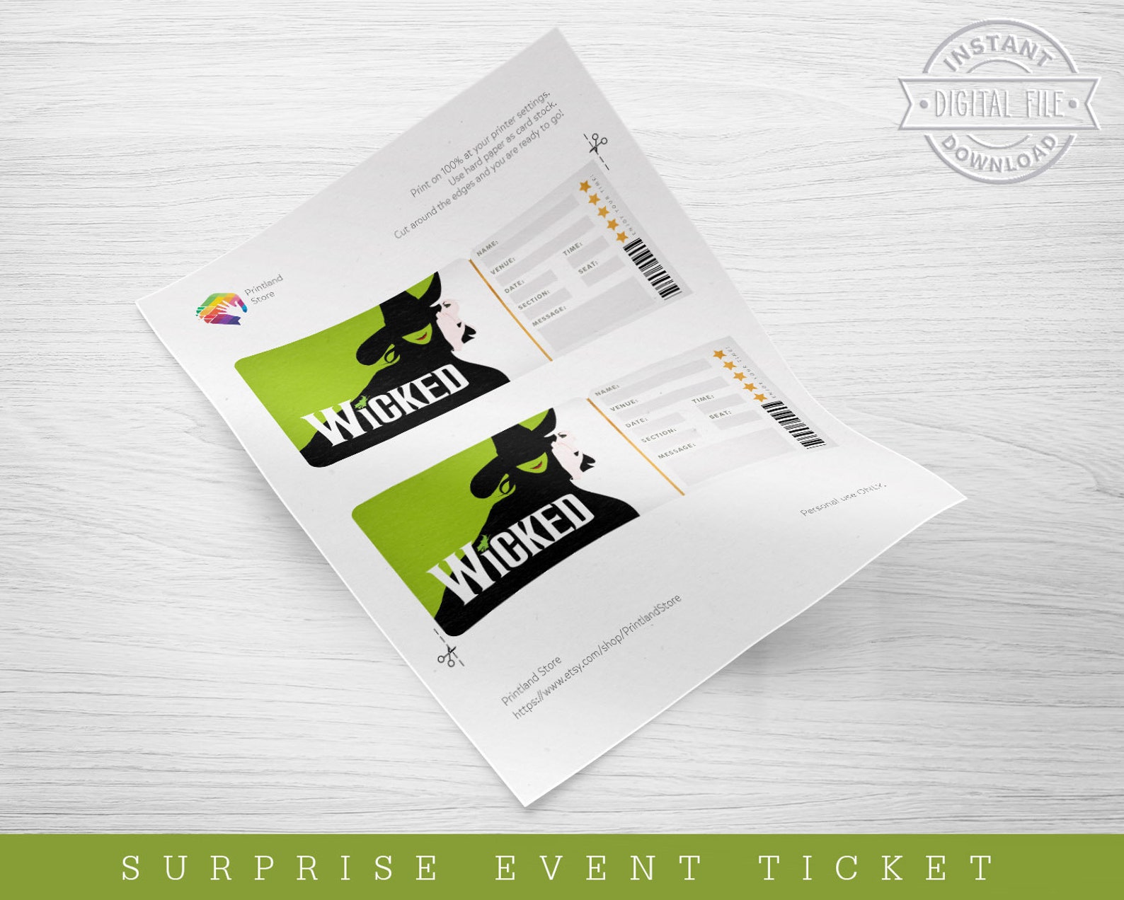 Printable Wicked Broadway Surprise Ticket︱musical Theatre Ticket︱event ...