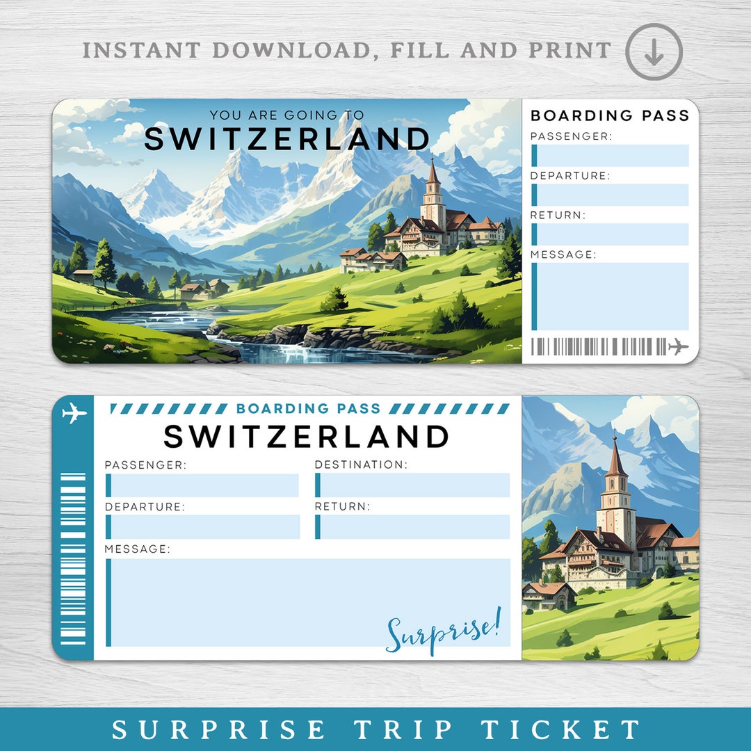 Digital SWITZERLAND Surprise Trip Ticket, Europe Printable Boarding ...