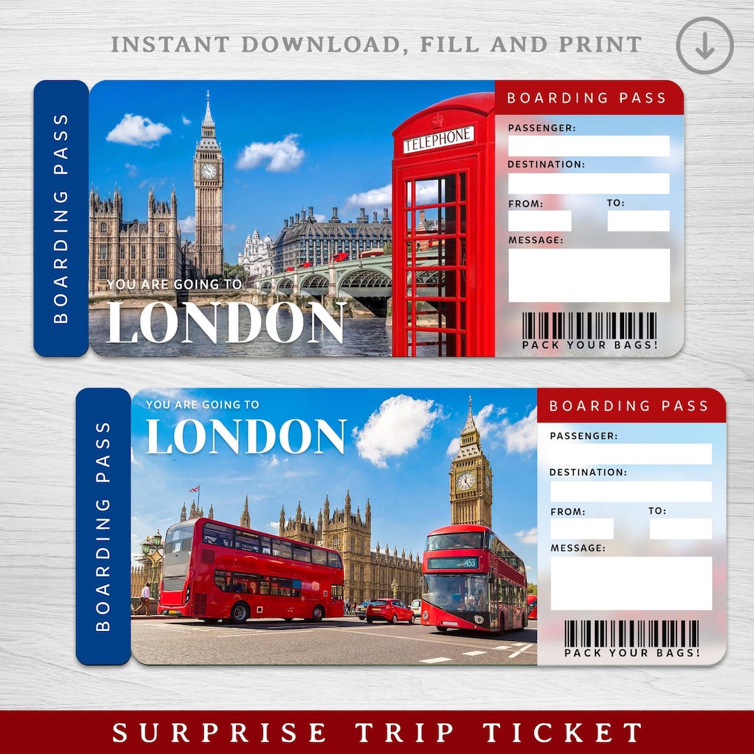 Digital LONDON Surprise Trip Gift Ticket, LONDON Printable Boarding ...