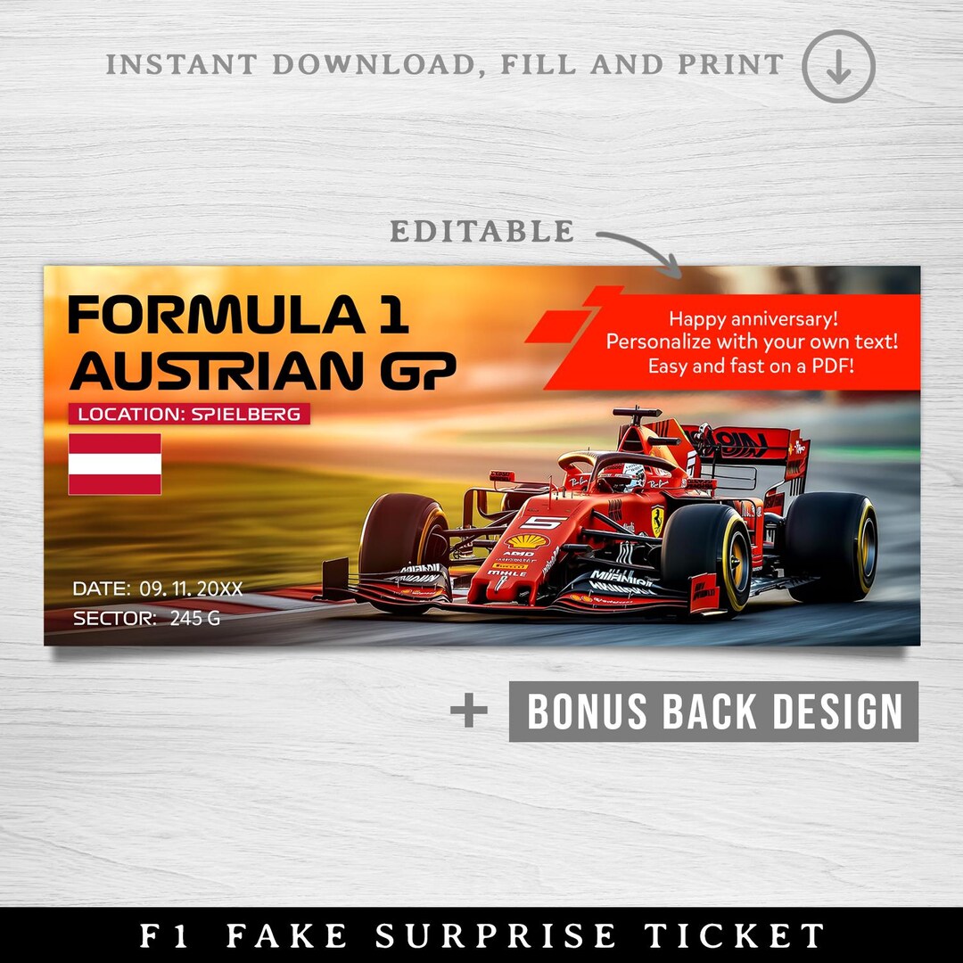 Printable Formula 1 Ticket, Austrian GP Faux Ticket, Editable F1 Race ...