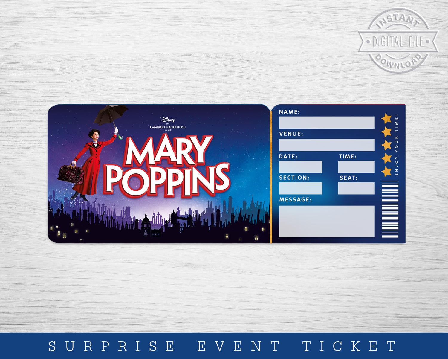 Printable Mary Poppins Broadway Surprise Ticket, Musical Collectible Theater Ticket Editable ...