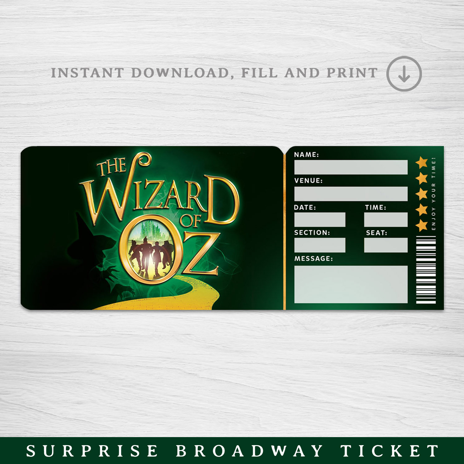 Printable Wizard of OZ Broadway Surprise Ticket︱musical Theatre Ticket ...