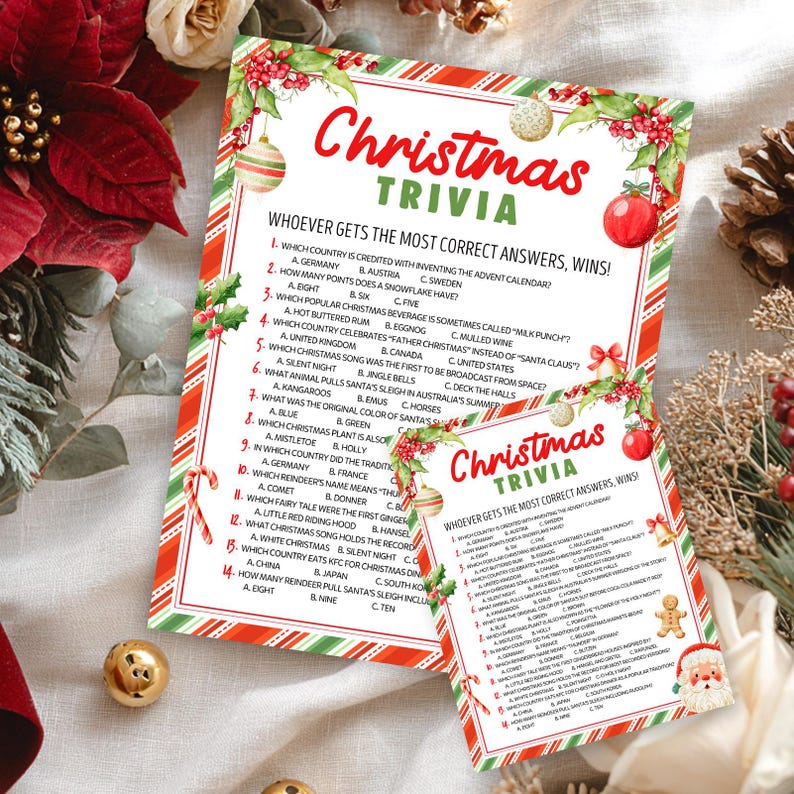 Printable Christmas Trivia Game | Holiday Trivia Game | Xmas Party Game ...