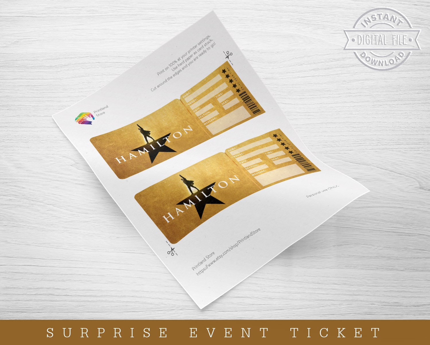 Printable Hamilton Broadway Surprise Ticket, Hamilton the Musical Collectible Theater Ticket ...