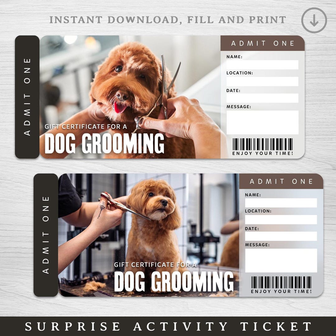 Printable Dog Grooming Gift Certificate︱pet Grooming Salon Voucher ...