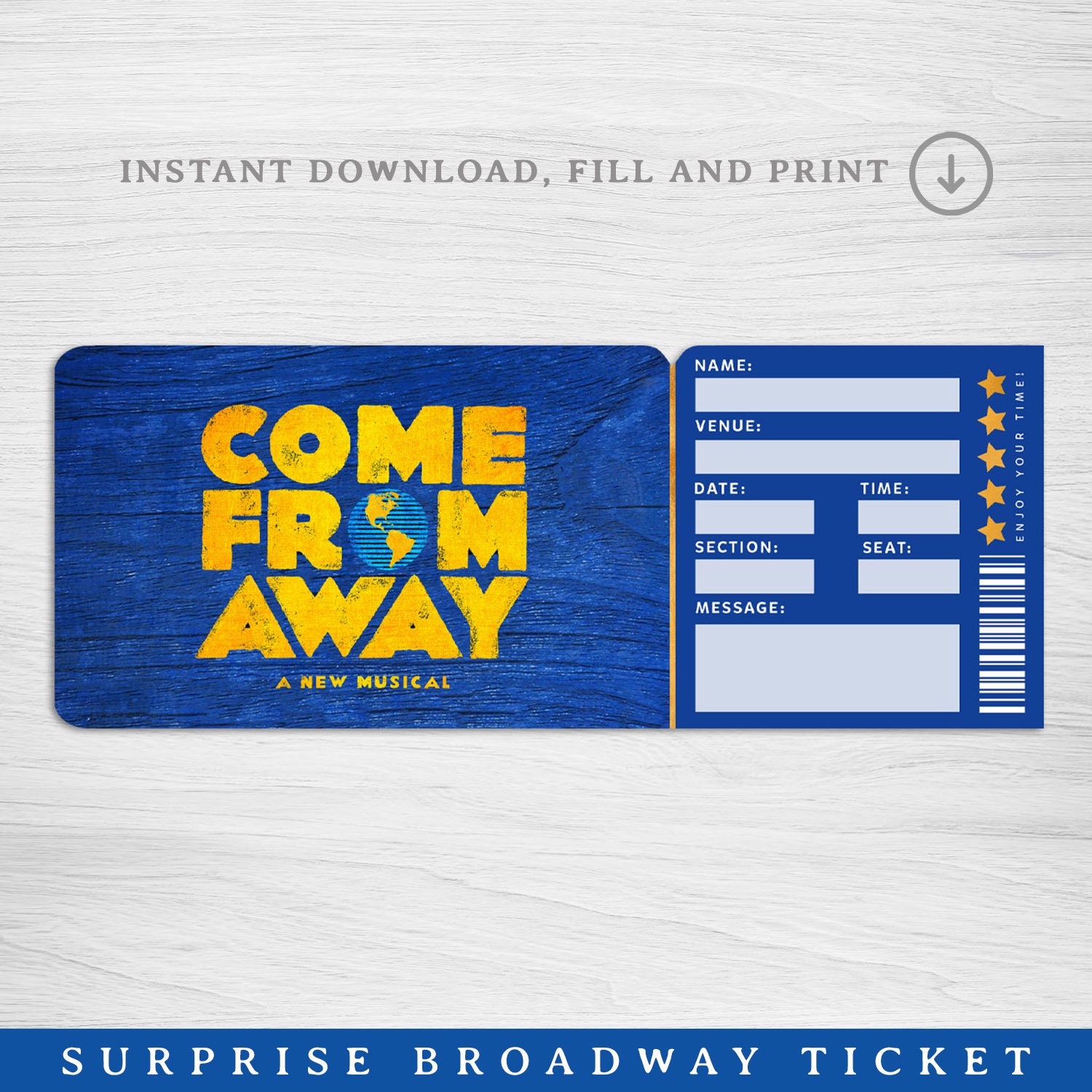 Printable COME FROM AWAY Broadway Surprise Ticket︱musical Theatre ...