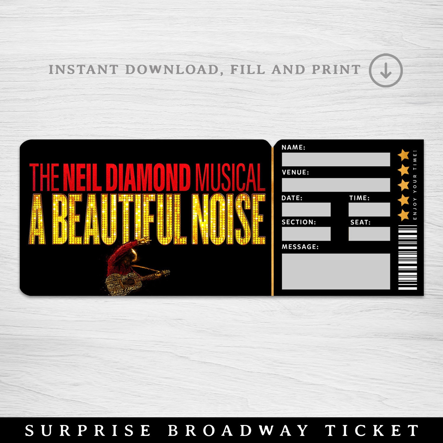 Printable A Beautiful Noise Broadway Surprise Ticket, Musical ...