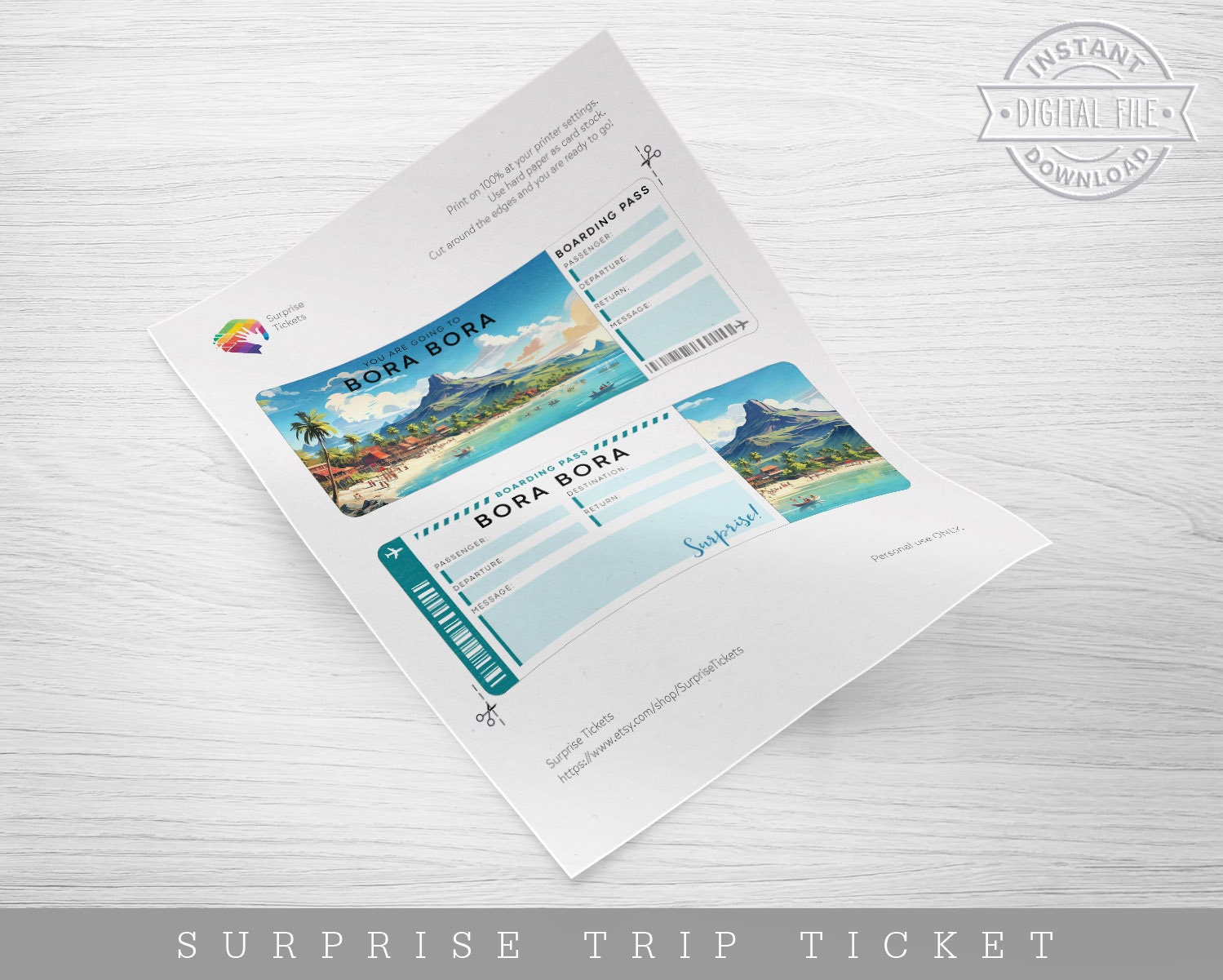 Digital BORA BORA Surprise Trip Gift Ticket, Vacation Printable ...