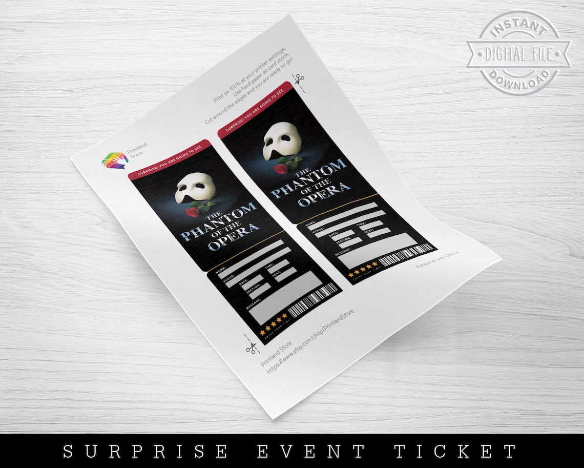 Printable Phantom of the Opera Broadway Surprise Ticket, Musical Collectible Theater Ticket ...